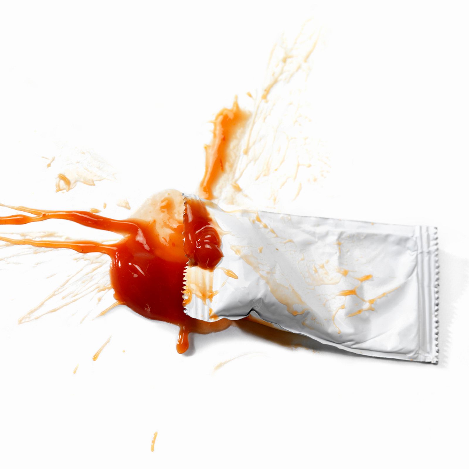 Ketchup Splatter Rot Beflecken Von Ketchup Verschmiert Auf Ein Weiß